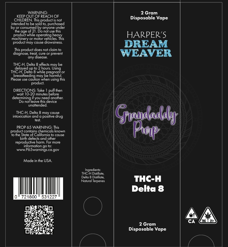 2 Gram Disposable Vape THC-H – Granddaddy Purp | Harper's Dreamweaver